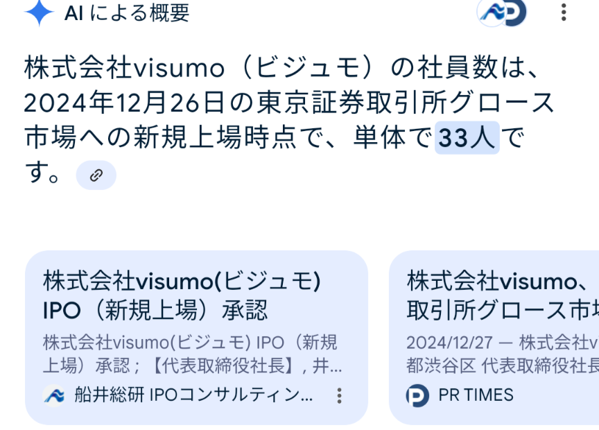 No.1586 ビジュモ 社員数33人 コード… - (株)visumo【303A】の掲示板 2025/01/07〜2025/01/08 - 株式掲示板 - Yahoo!ファイナンス