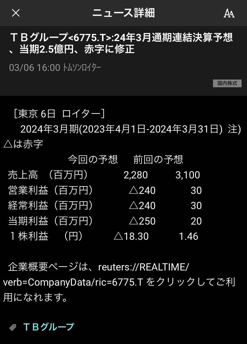 No.49866 通期赤字修正。 - (株)TBグループ【6775】の掲示板 2023/11/11〜2024/04/30 - 株式掲示板 - Yahoo!ファイナンス