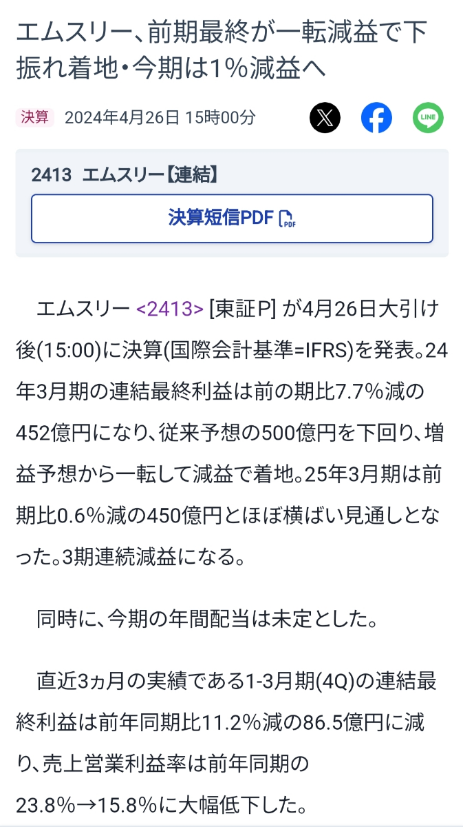 No.207883 成長鈍化で配当も未定。 ここに… - エムスリー(株)【2413】の掲示板 2024/04/20〜2024/04/26 - 株式掲示板 - Yahoo!ファイナンス