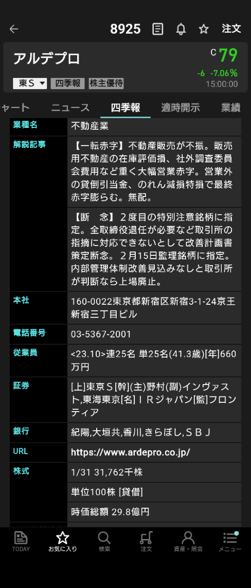 No.649889 四季報にはゲキヤバコメントしか… - (株)アルデプロ【8925】の掲示板 2024/02/28〜2024/03/23 - 株式掲示板 - Yahoo!ファイナンス