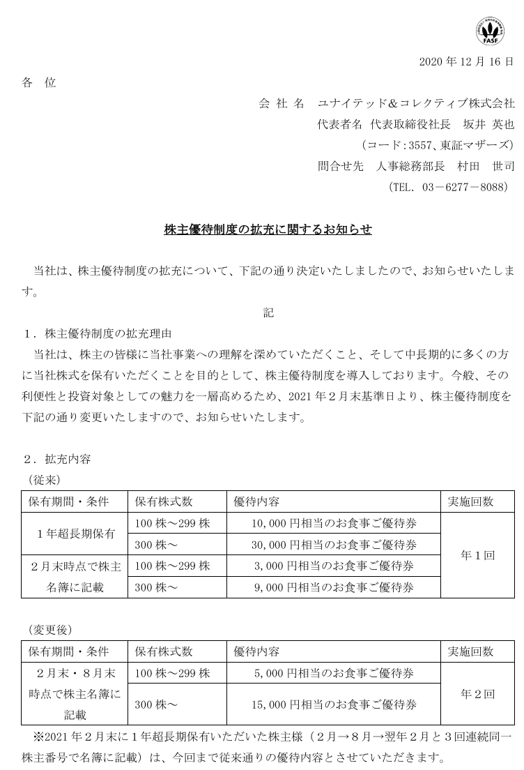 No.7354 【昔】の優待は、｢1年超長期保… - ユナイテッド＆コレクティブ(株)【3557】の掲示板 2024/08/23〜 - 株式掲示板 - Yahoo!ファイナンス
