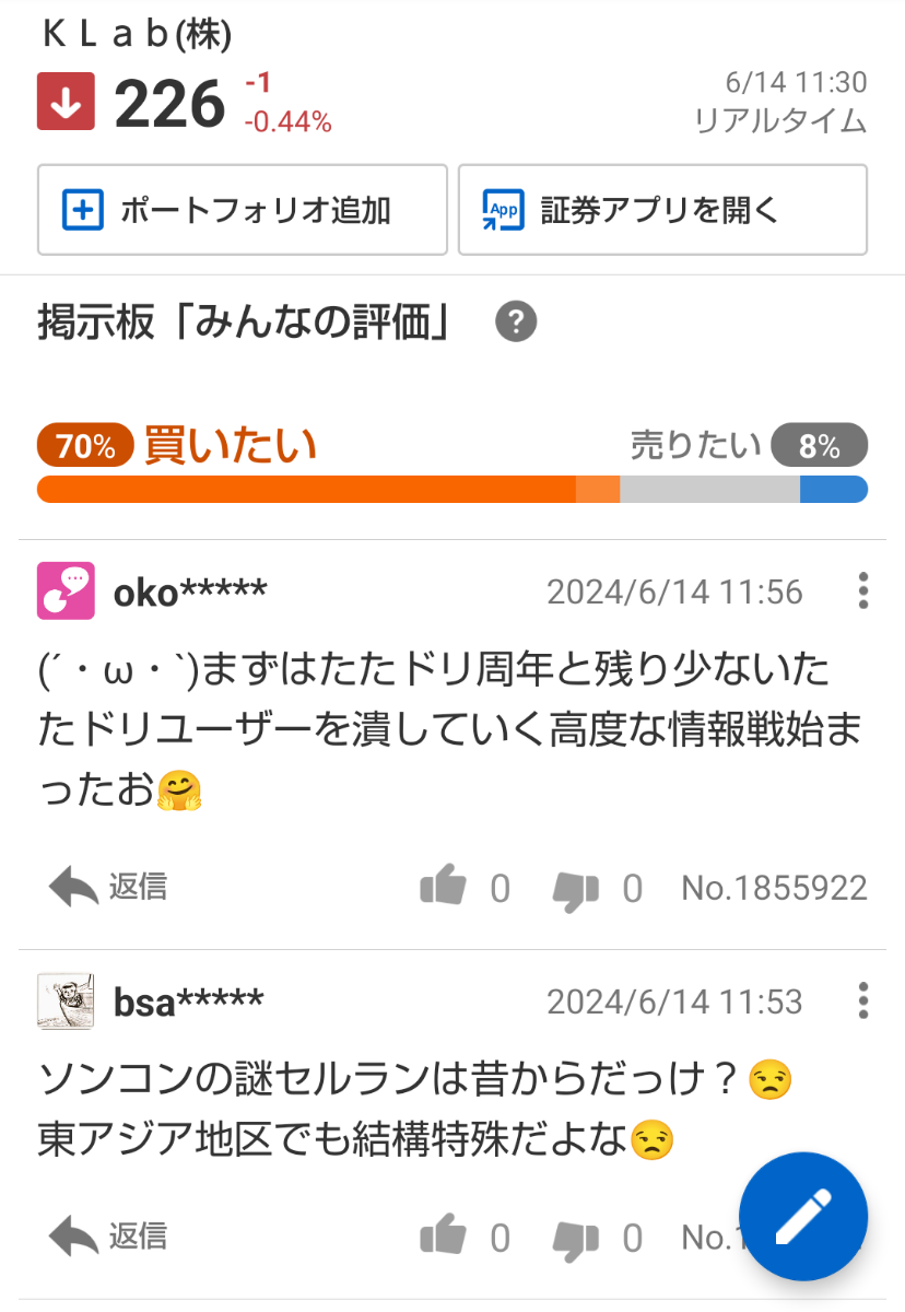 No.1855926 okoただの売り煽りやんけw … - KLab(株)【3656】の掲示板 2024/06/14〜2024/06/19 - 株式掲示板 - Yahoo!ファイナンス