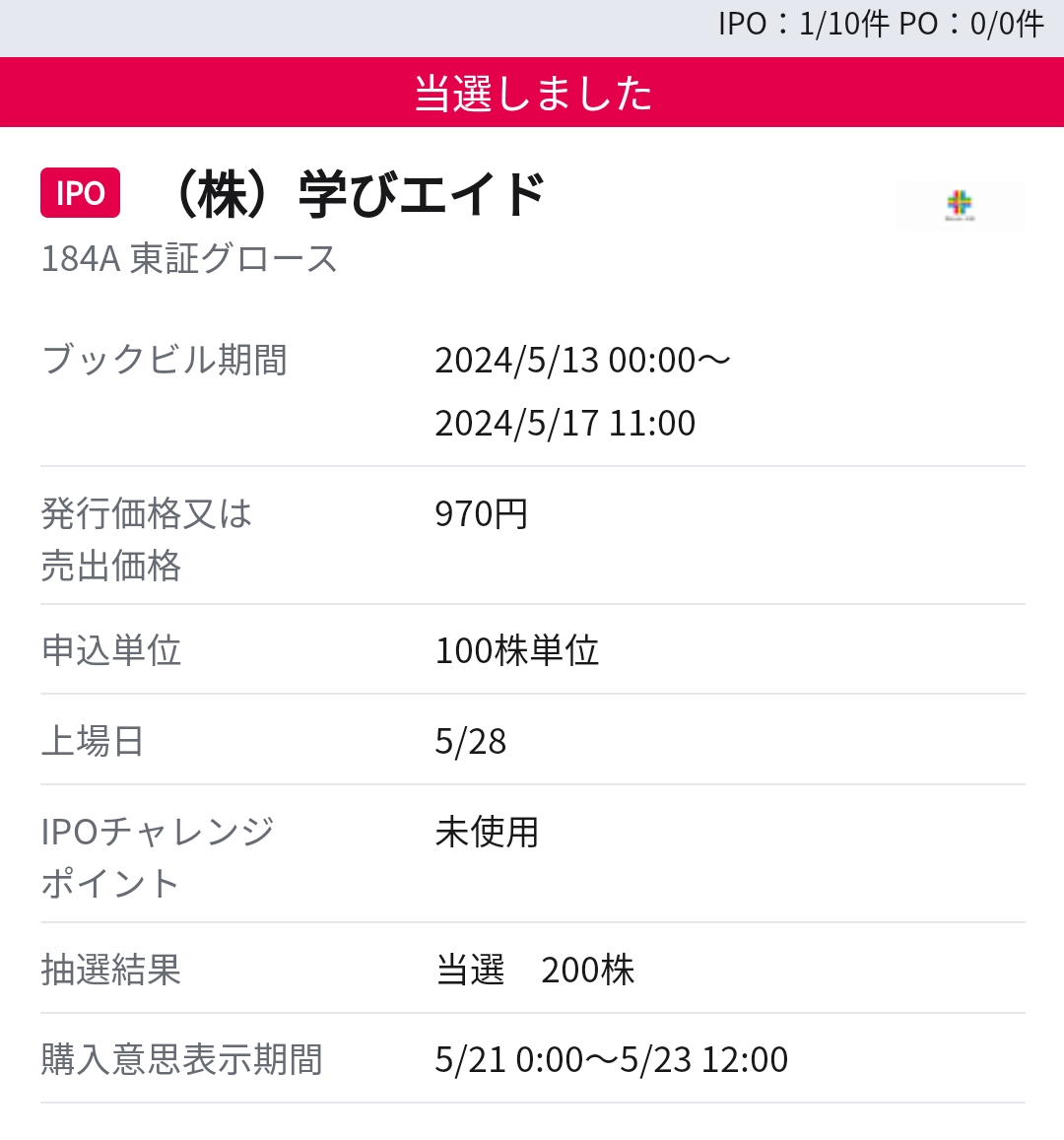 No.50 おかげ様で当選しました🎉🎉🎉 … - (株)学びエイド【184A】の掲示板 〜2024/05/29 - 株式掲示板 - Yahoo!ファイナンス