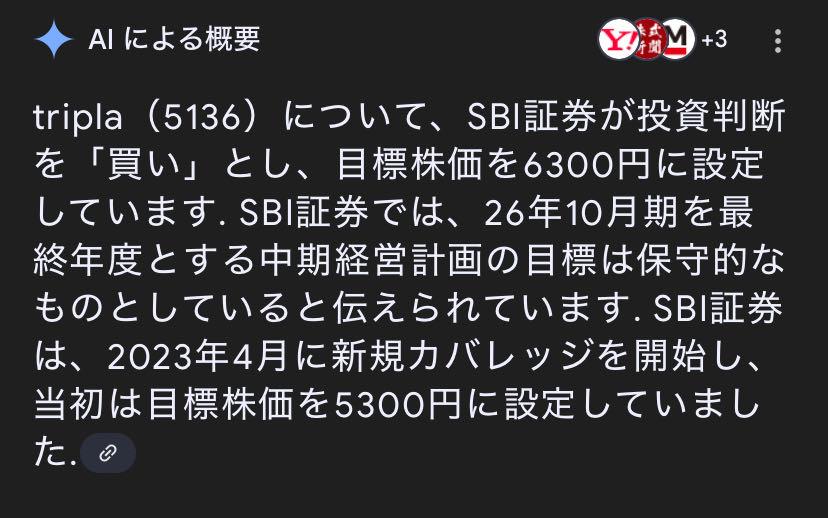 No.17062 SBI証券の目標株価も見えてき… - tripla(株)【5136】の掲示板 2025/04/01〜2025/06/25 - 株式掲示板 - Yahoo!ファイナンス