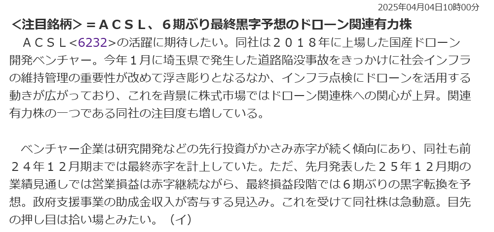 No.46238 株探きてんね - (株)ACSL【6232】の掲示板 2025/03/26〜2025/05/13 - 株式掲示板 - Yahoo!ファイナンス