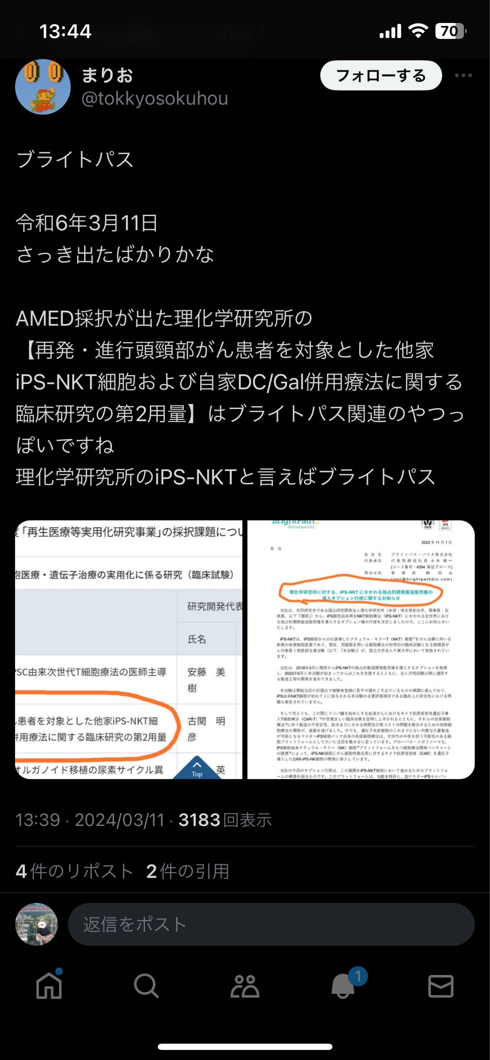 No.1121286 あちい - ブライトパス・バイオ(株)【4594】の掲示板 2024/03/06〜2024/03/12 - 株式掲示板 - Yahoo!ファイナンス